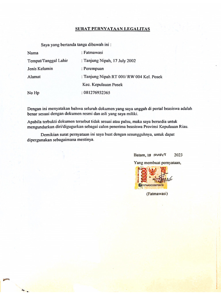 Surat Pernyataan Legalitas | PDF