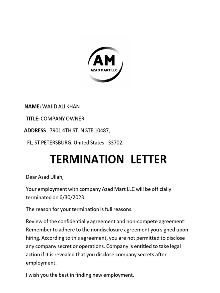 Termination Letter (Asad Ullah) | PDF