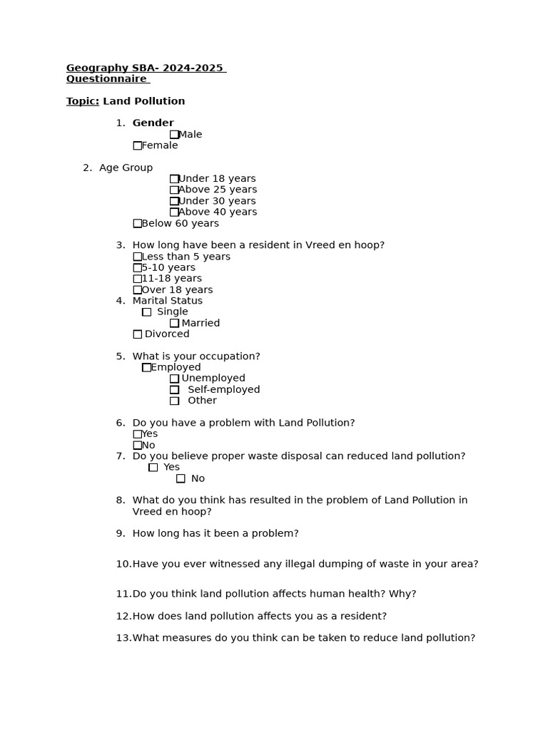 Land Pollution Questionaire | PDF