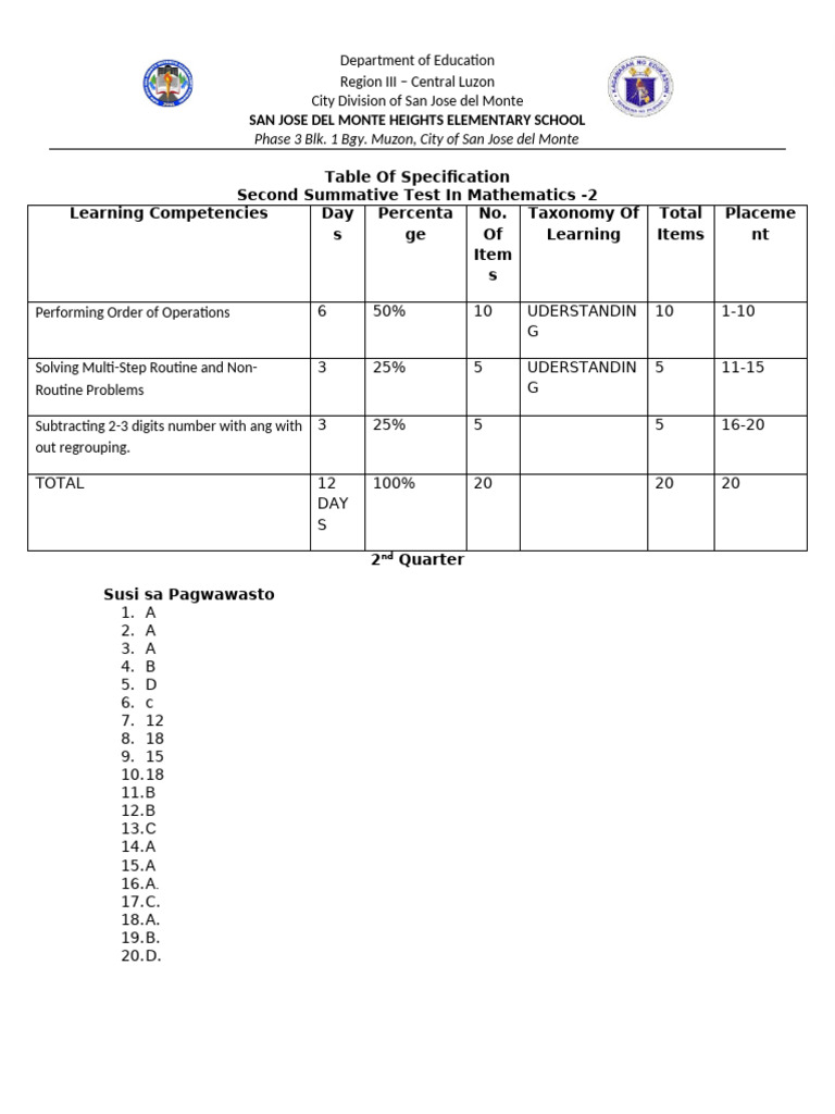 2nd Summative Math q2 | PDF