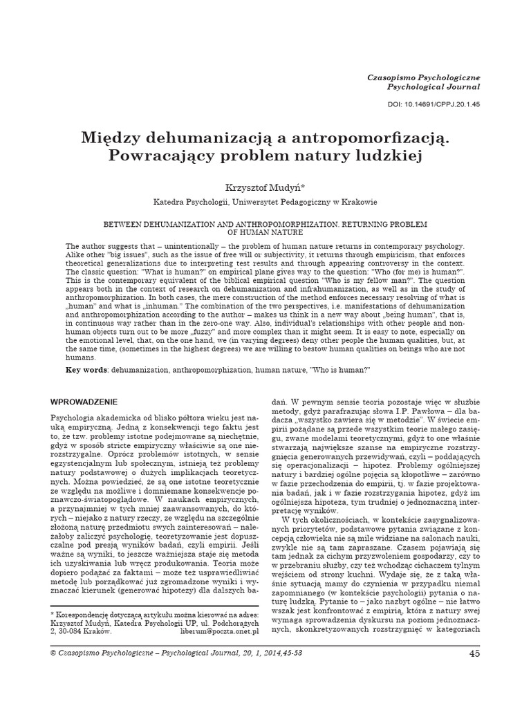 Miedzy Dehumanizacja A Antropomorfizacja Powracajacy Problem Natury Ludzkiej Krzysztof Mudyn ...