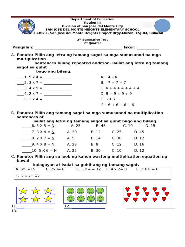 Q2 MATH 3RD SUMMATIVE TEST With TOS | PDF | Multiplication | Arithmetic