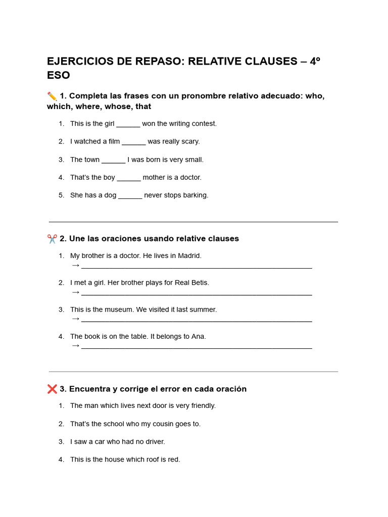 Ejercicios de Repaso - Relative Clauses - 4º Eso | PDF
