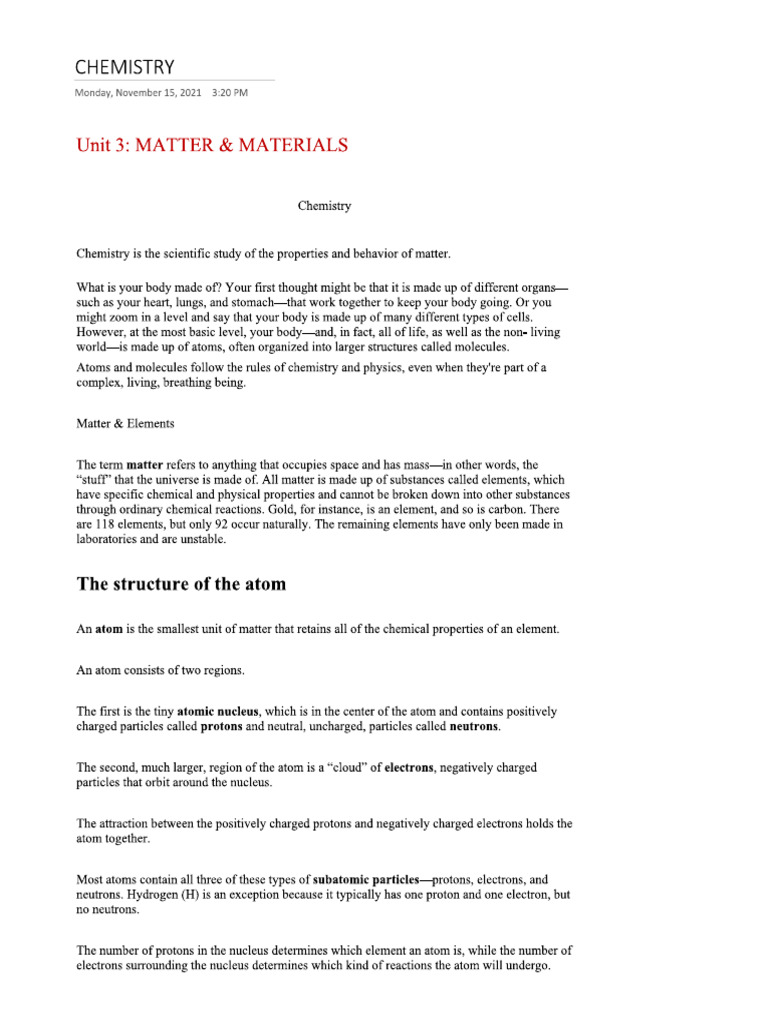 Unit 3 - Matter and Materials Notes | PDF