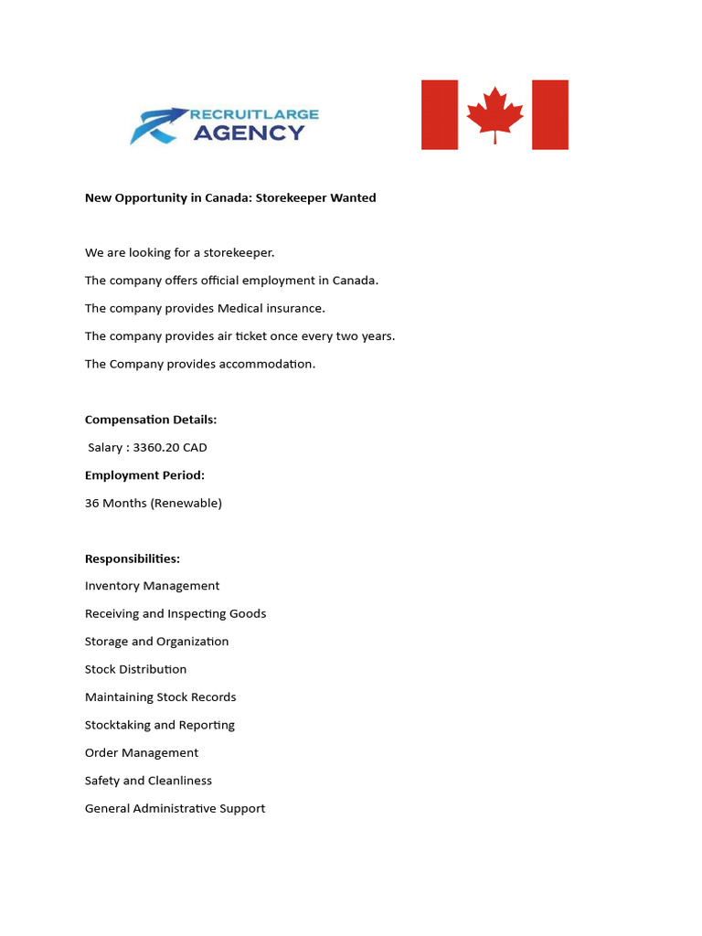 New Opportunity in Canada Storekeeper | PDF