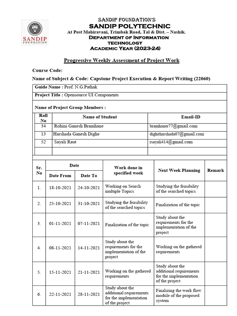 Weekly Project Assesment Sheet | PDF