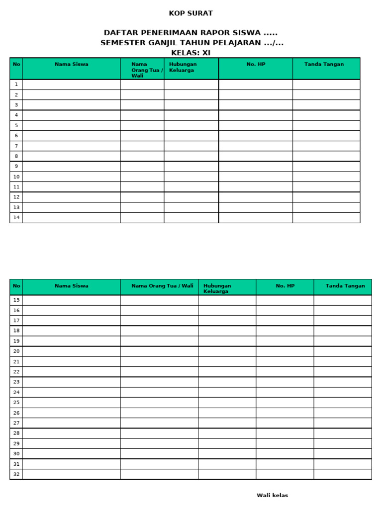 Daftar Hadir Penerimaan Rapor -Madrasah | PDF