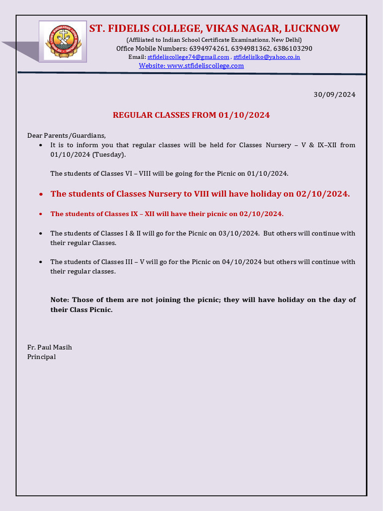 Regular Classes From 01.10.2024 | PDF