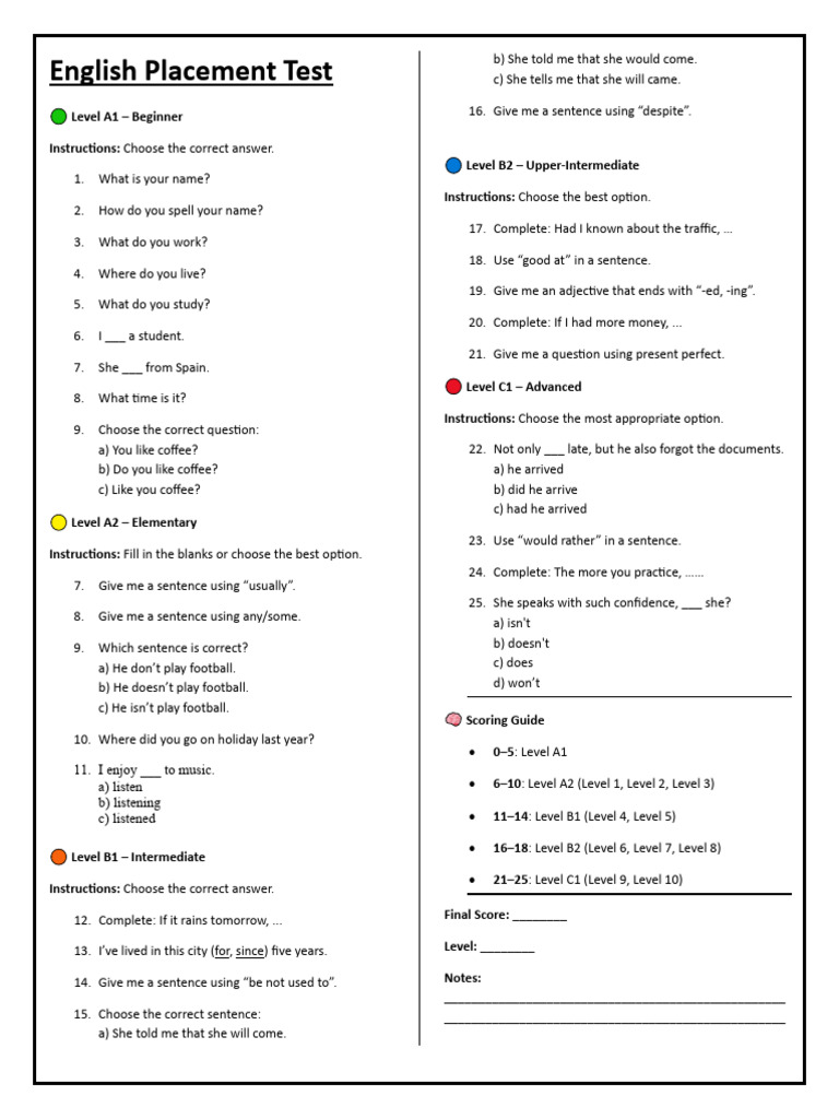 English Placement Test | PDF | Linguistics