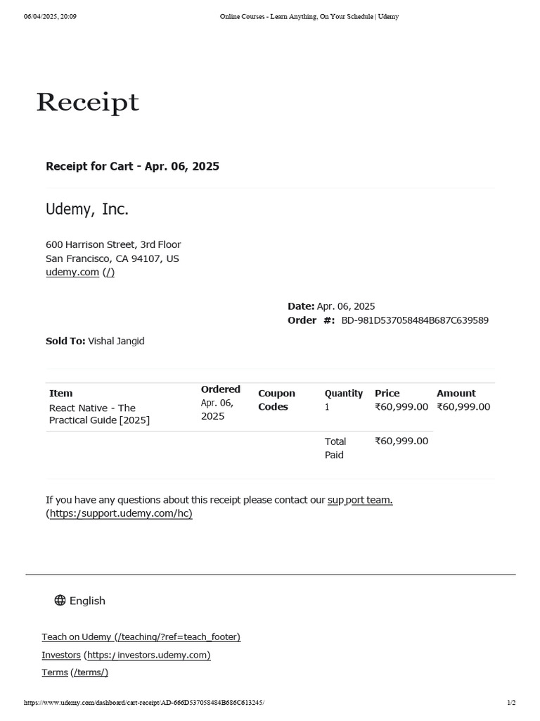 Udemy Receipt for React Native Course | PDF