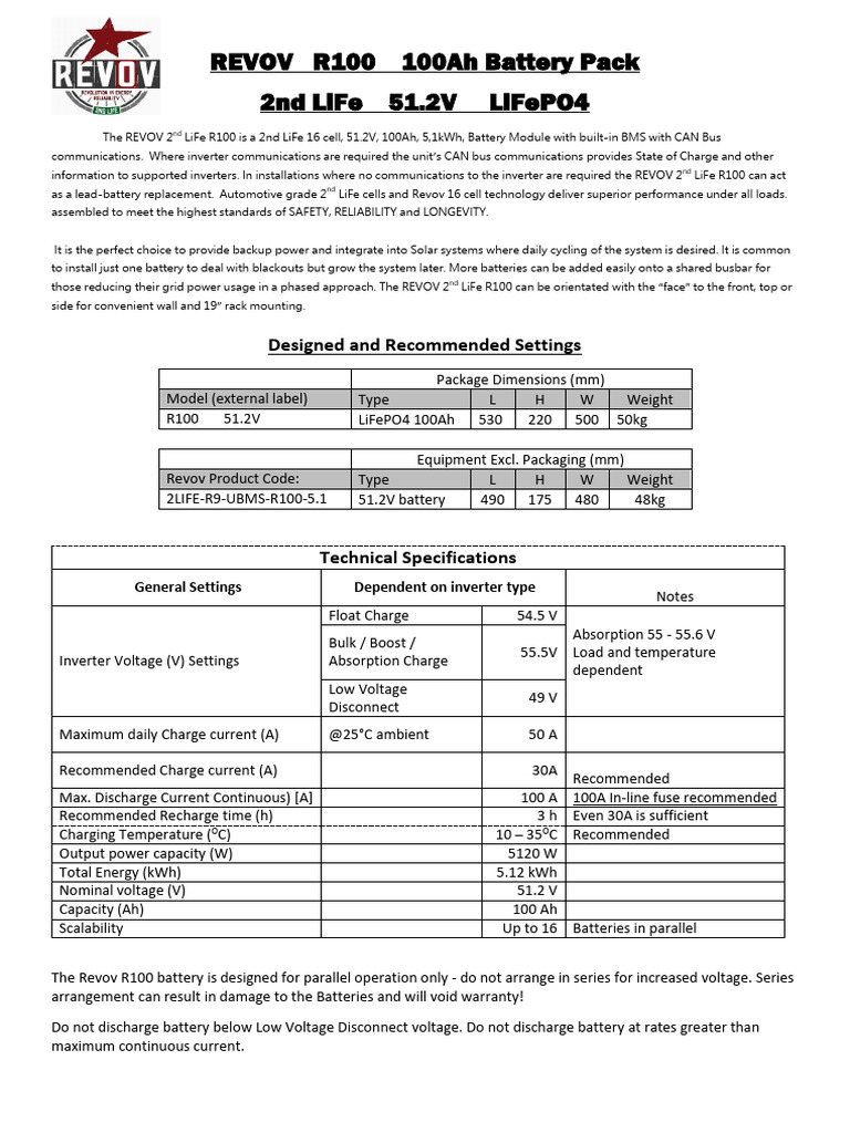 REVOV Lithium R100 5.1kWh 51.2V 2nd Life Battery User Manual | PDF ...