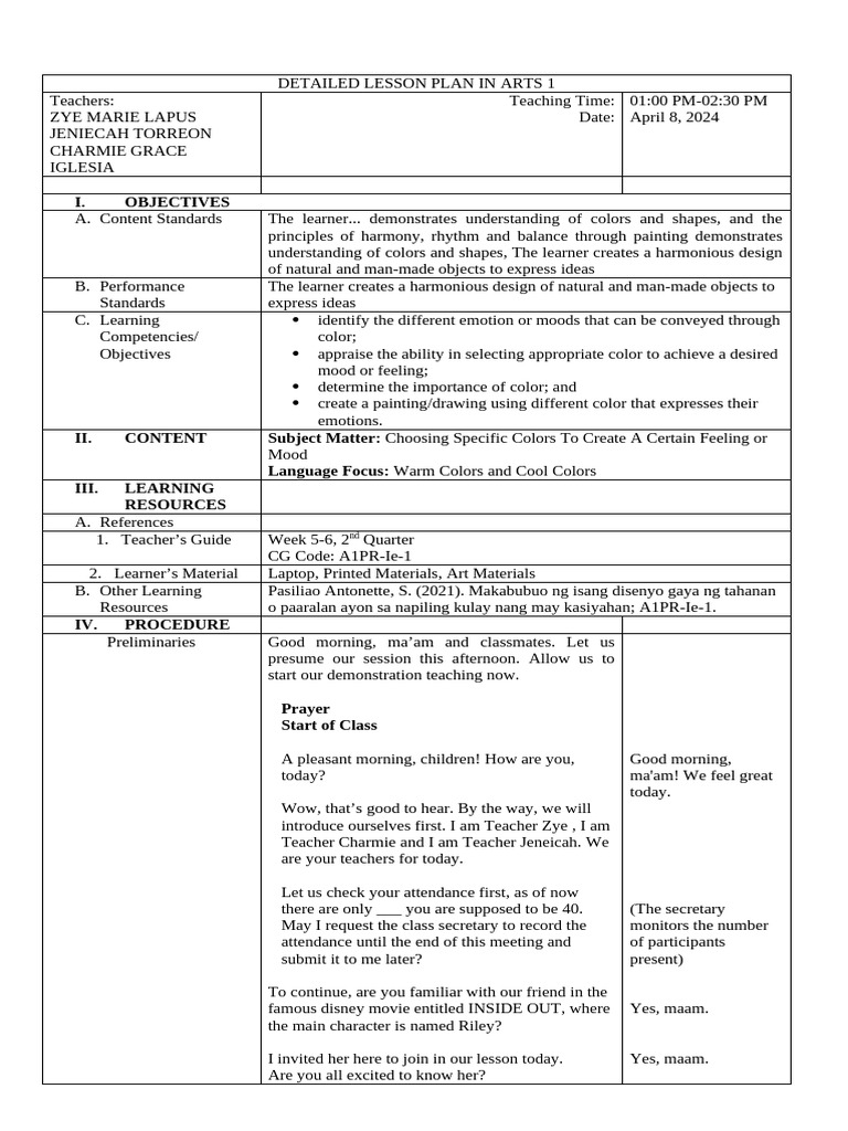 Arts Lesson Plan- GROUP 8 | PDF | Color | Feeling