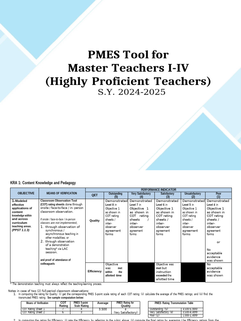 Annex B_PMES Tool for Highly Proficient Teachers SY 2024-2025 (1) (1) | PDF | Mentorship | Learning