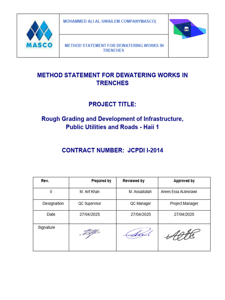 Method Statement For Dewatering Works In Trenches Pdf Pump Trench