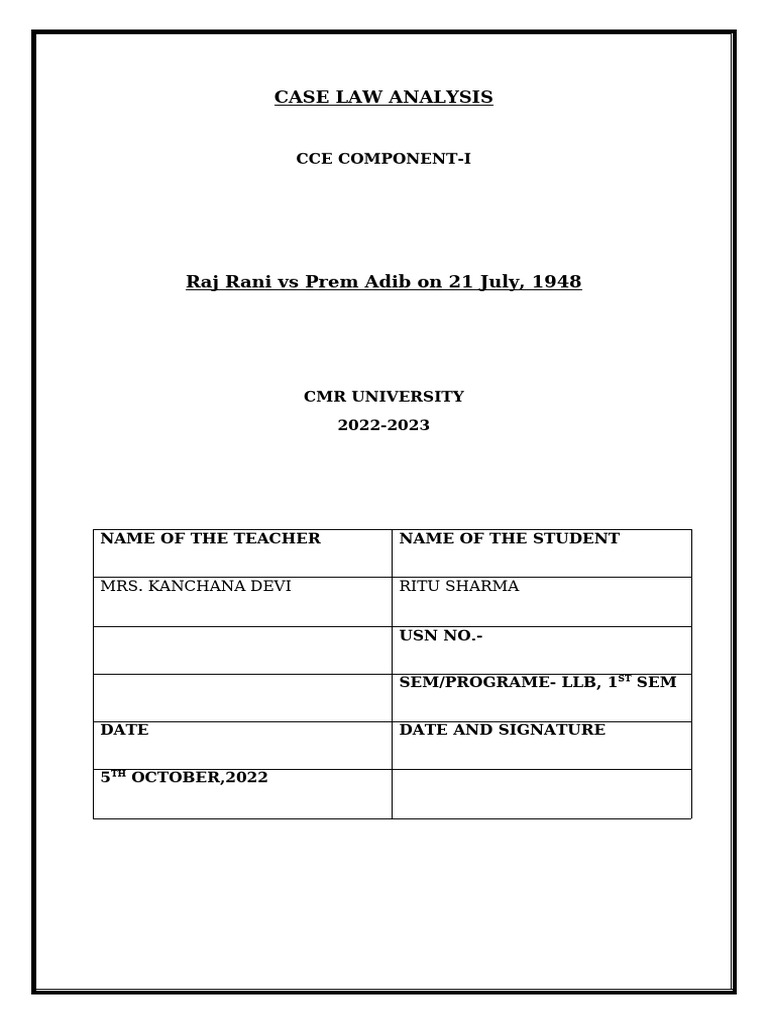 Raj Rani v. Prem Adib Case Summary | PDF | Consideration | Lawsuit