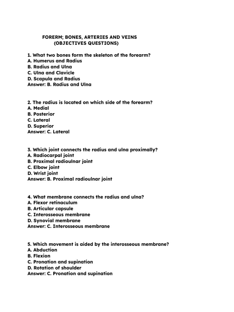 Forerm Bones, Arteries and Veins (Objectives Questions) | PDF | Anatomical Terms Of Motion | Elbow