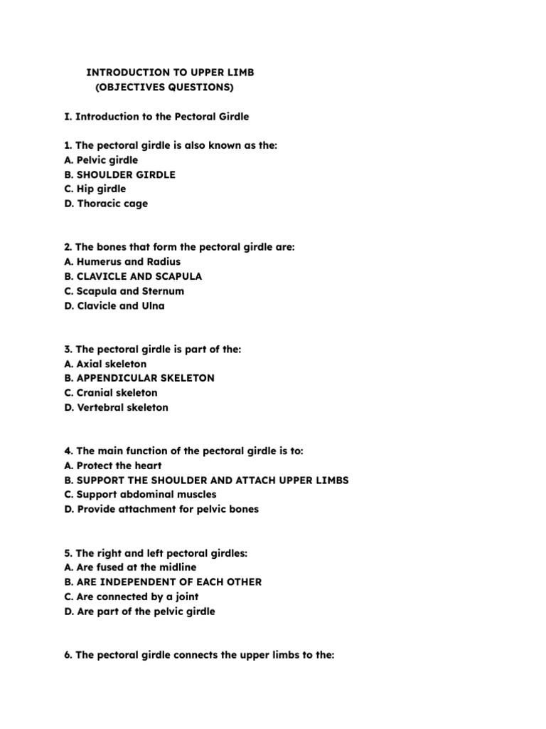 Introduction To Upper Limb (Objective Questions) | PDF | Human Anatomy | Musculoskeletal System
