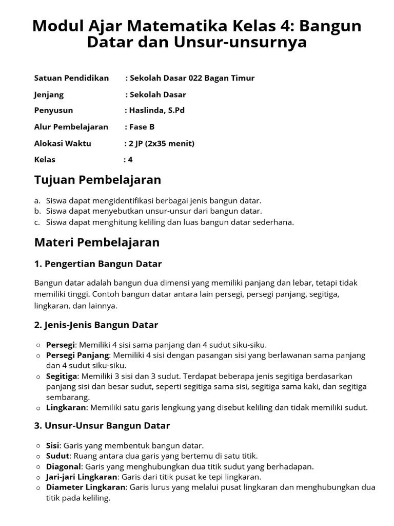 Modul Ajar Matematika Kelas 4 Bangun Datar Dan Unsur-Unsurnya | PDF