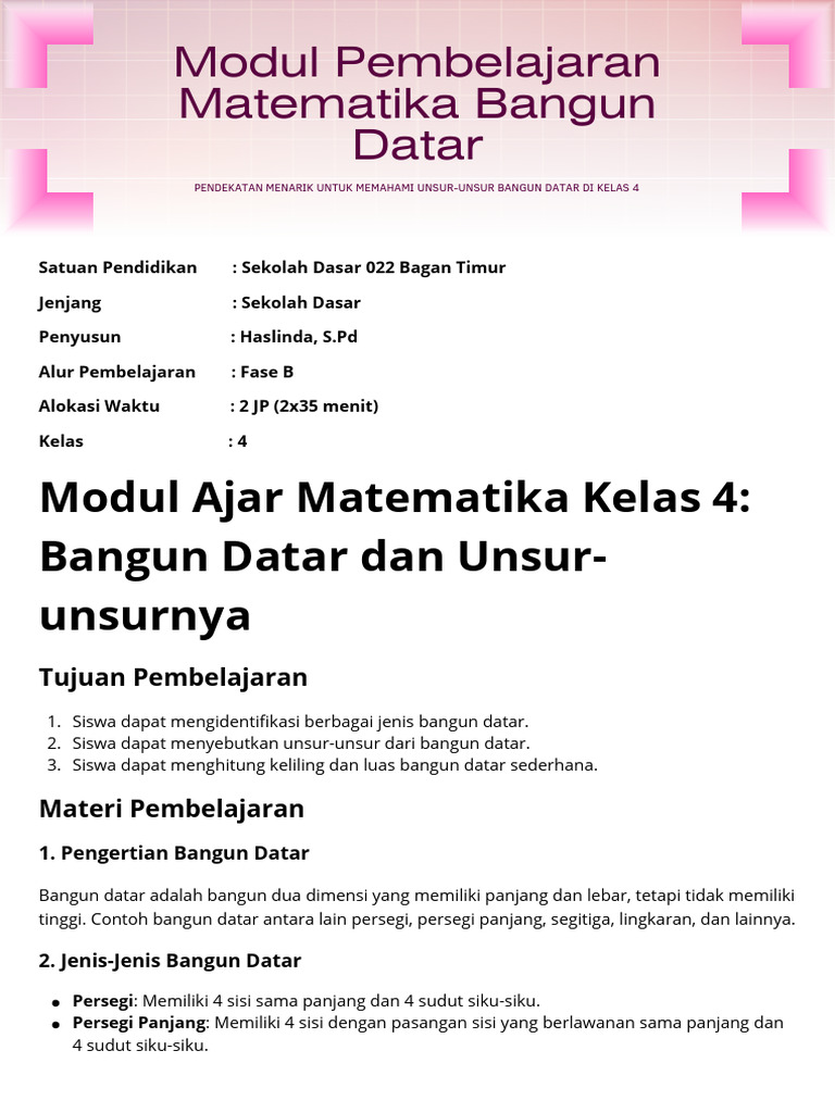 Modul Ajar Matematika Kelas 4 Bangun Datar Dan Unsur-Unsurnya | PDF