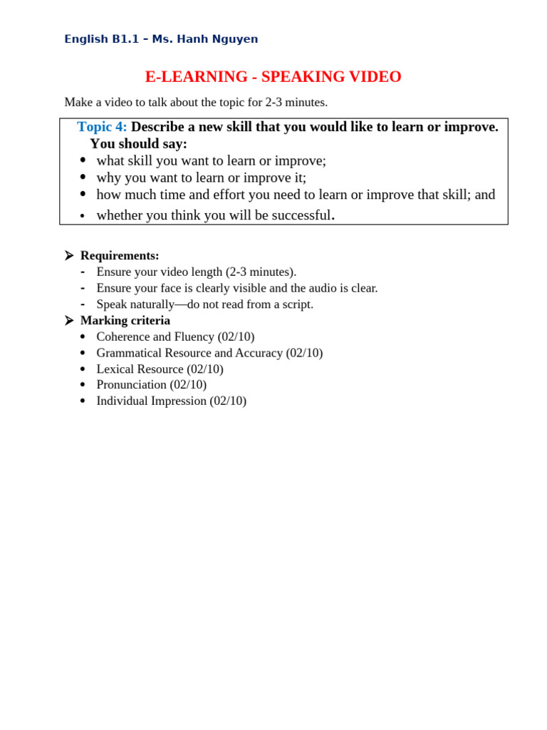 Week 4 - Speaking Video Topic and Guidelines | PDF