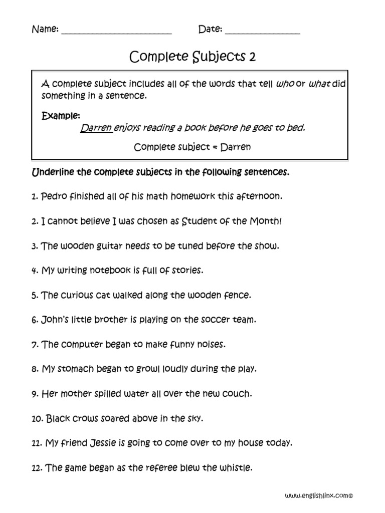 Complete-Subjects-Worksheet-2 | PDF