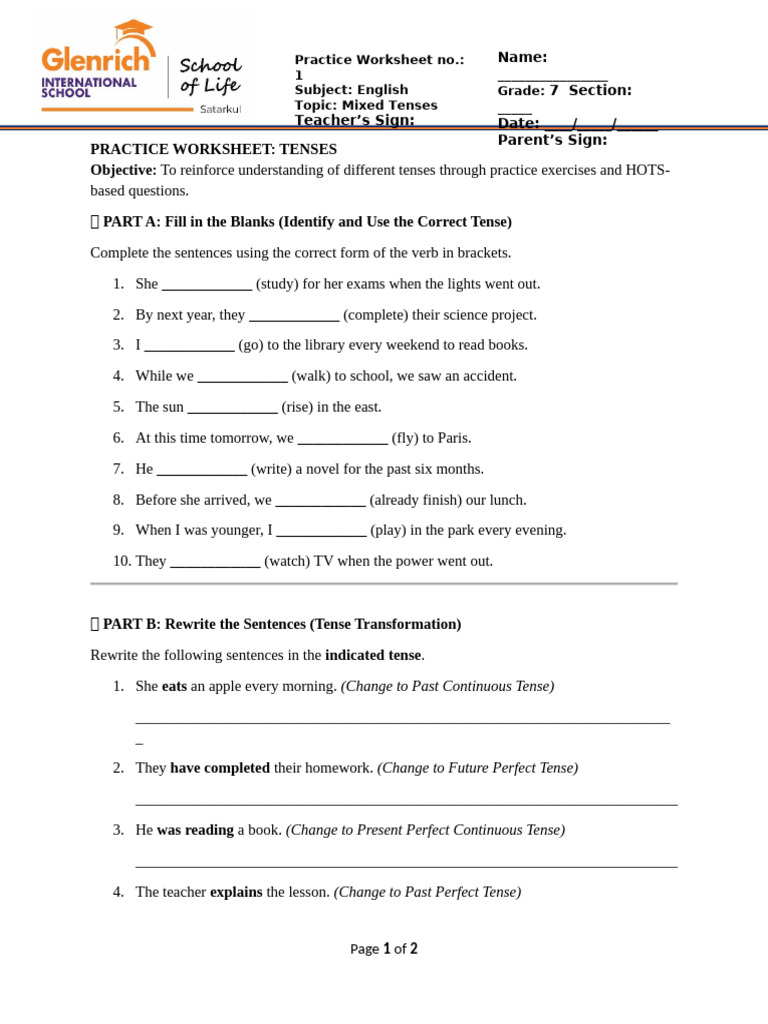 Tenses Practice Worksheet 1 | PDF | Grammatical Tense | Languages