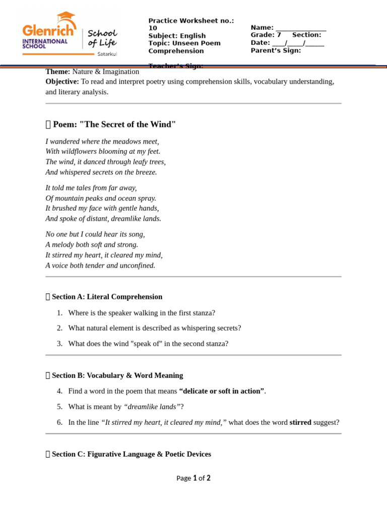 Poetry Comprehension: "The Secret of the Wind" | PDF | Poetry | Reading ...