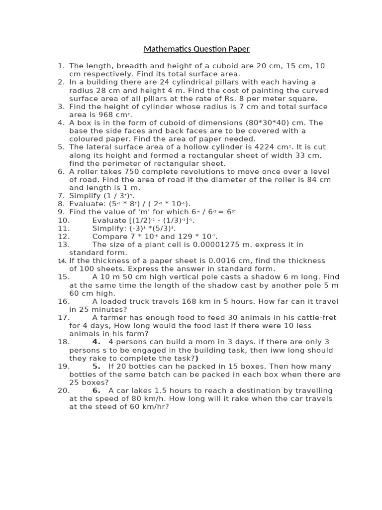 Class 5 Maths Question Paper | PDF