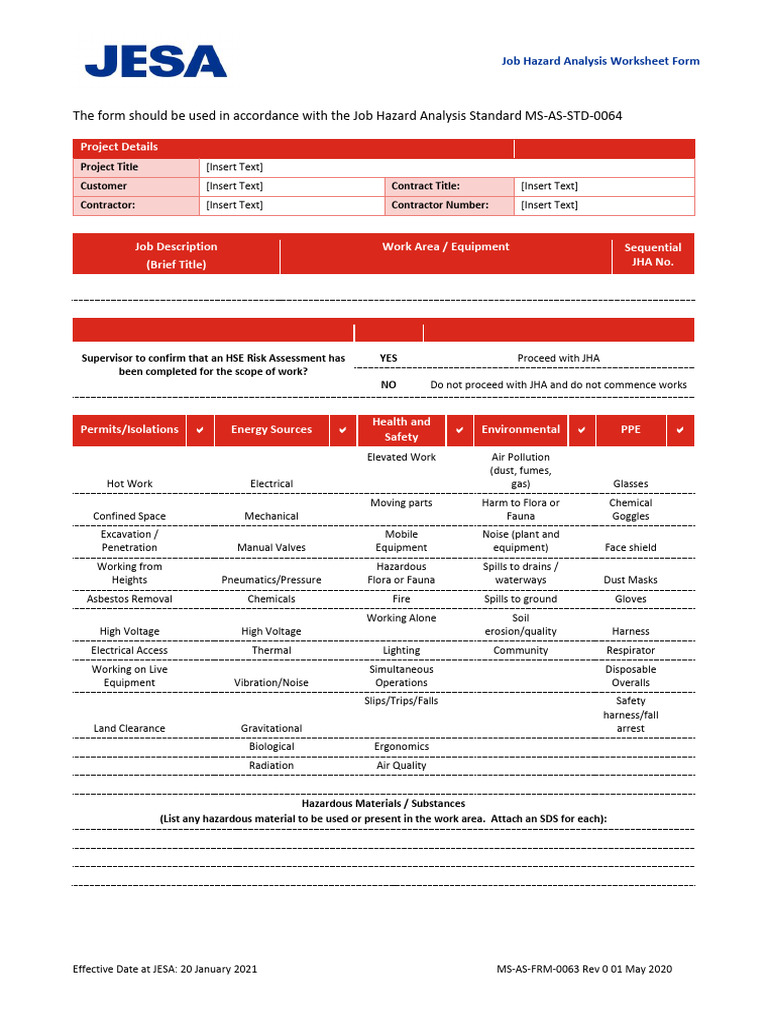 MS-AS-FRM-0063 Job Hazard Analysis Worksheet Form | PDF | Hazards ...