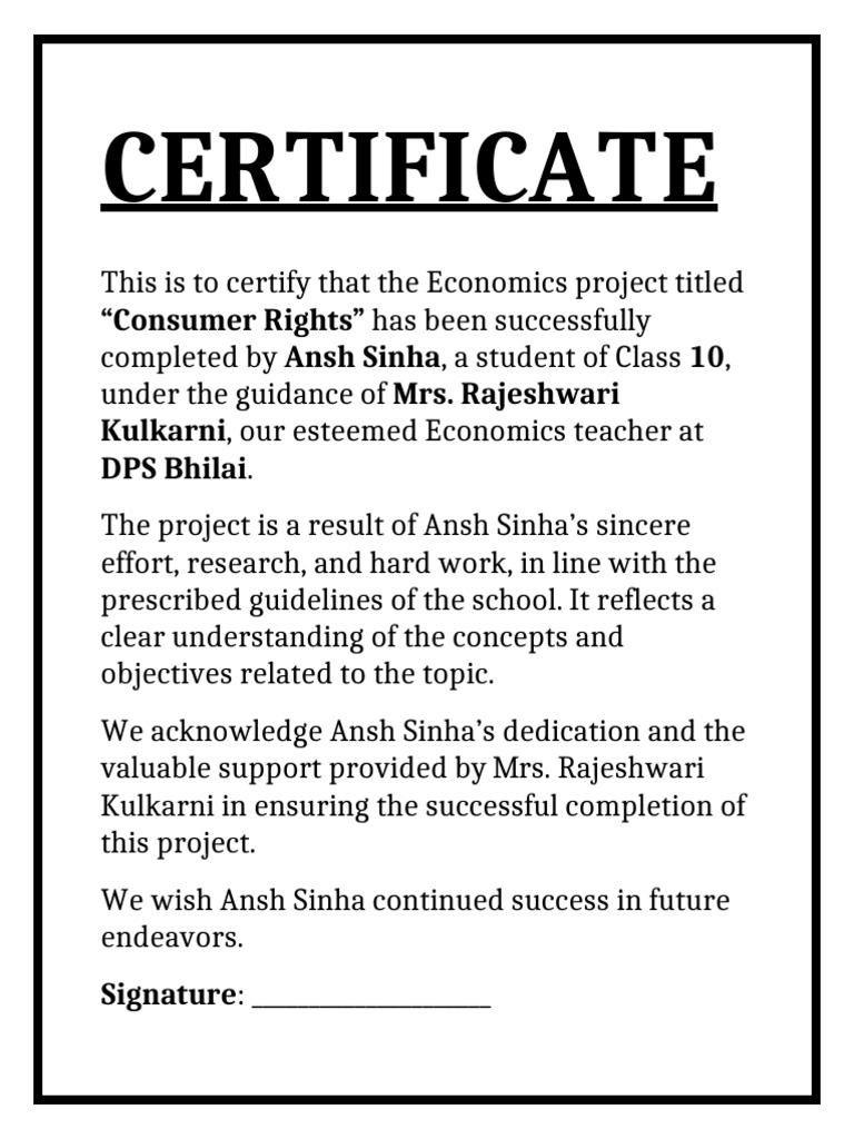 Certificate: "Consumer Rights" Ansh Sinha 10 Mrs. Rajeshwari Kulkarni ...