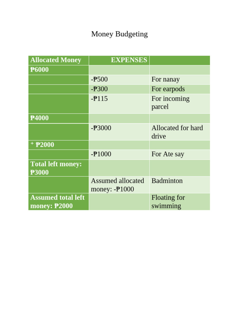 Money Budgeting Breakdown and Allocations | PDF