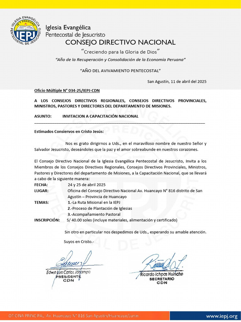 Oficio Múlt. 034 Invitación a Capacitación Nacional | PDF