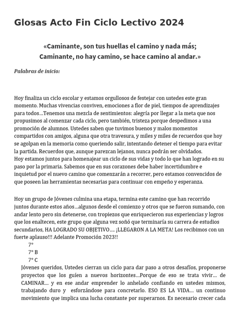 Glosas Acto Fin Ciclo Lectivo 2024 | PDF