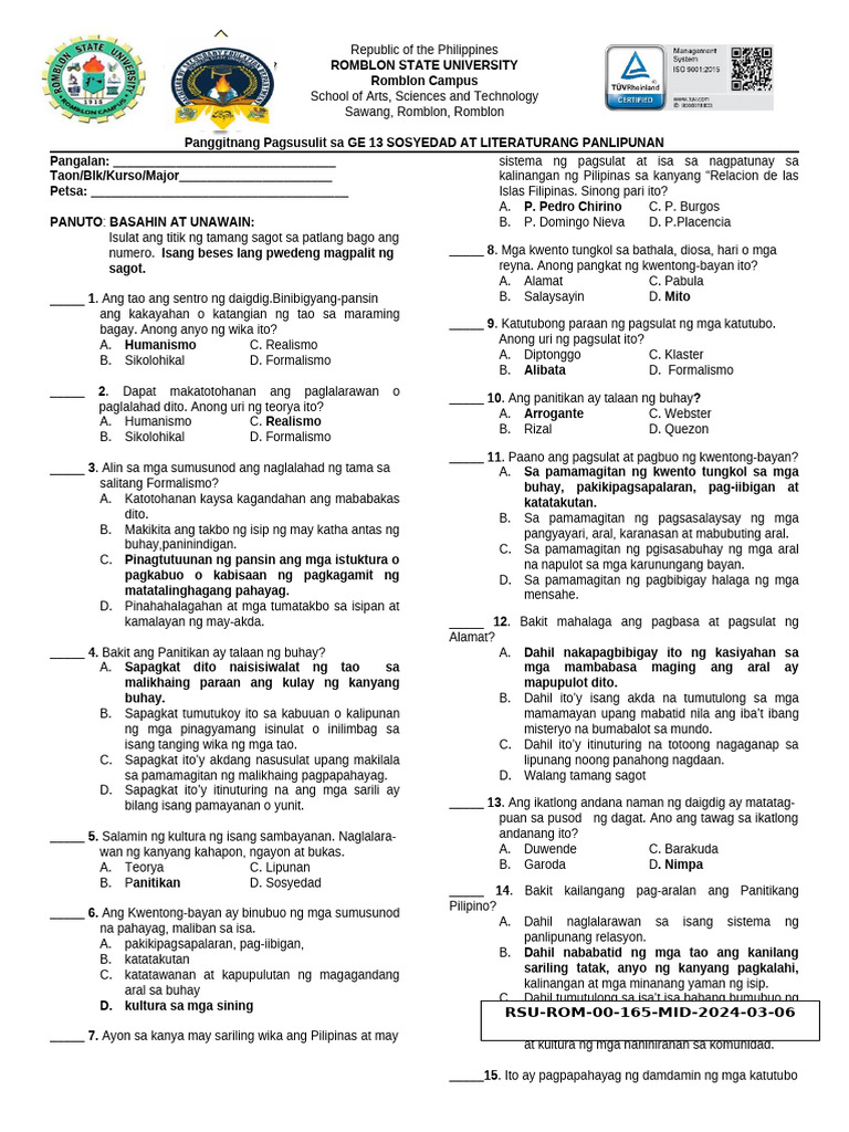 Midterm Exam Ge 13 Sosyedad at Literatura | PDF