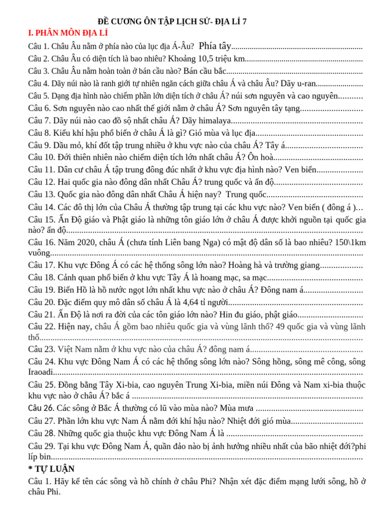 ĐỀ CƯƠNG SỬ ĐỊA 7 CK1 | PDF