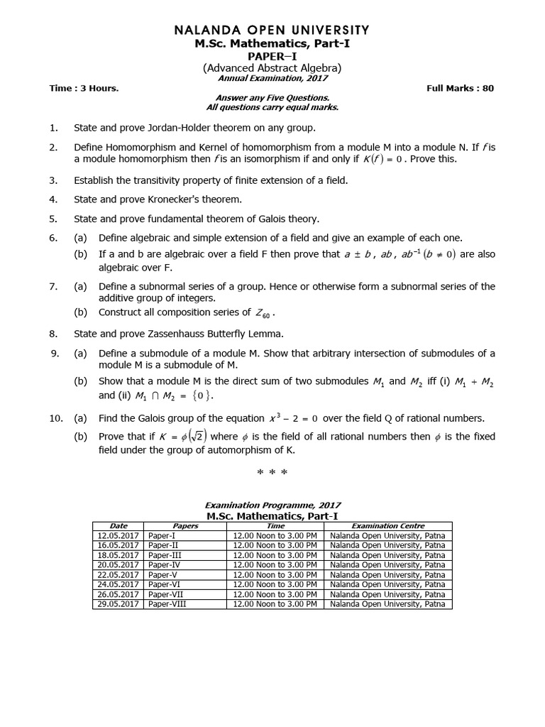 M.Sc. Mathematics Exam Papers 2017 | PDF | Field (Mathematics) | Module ...