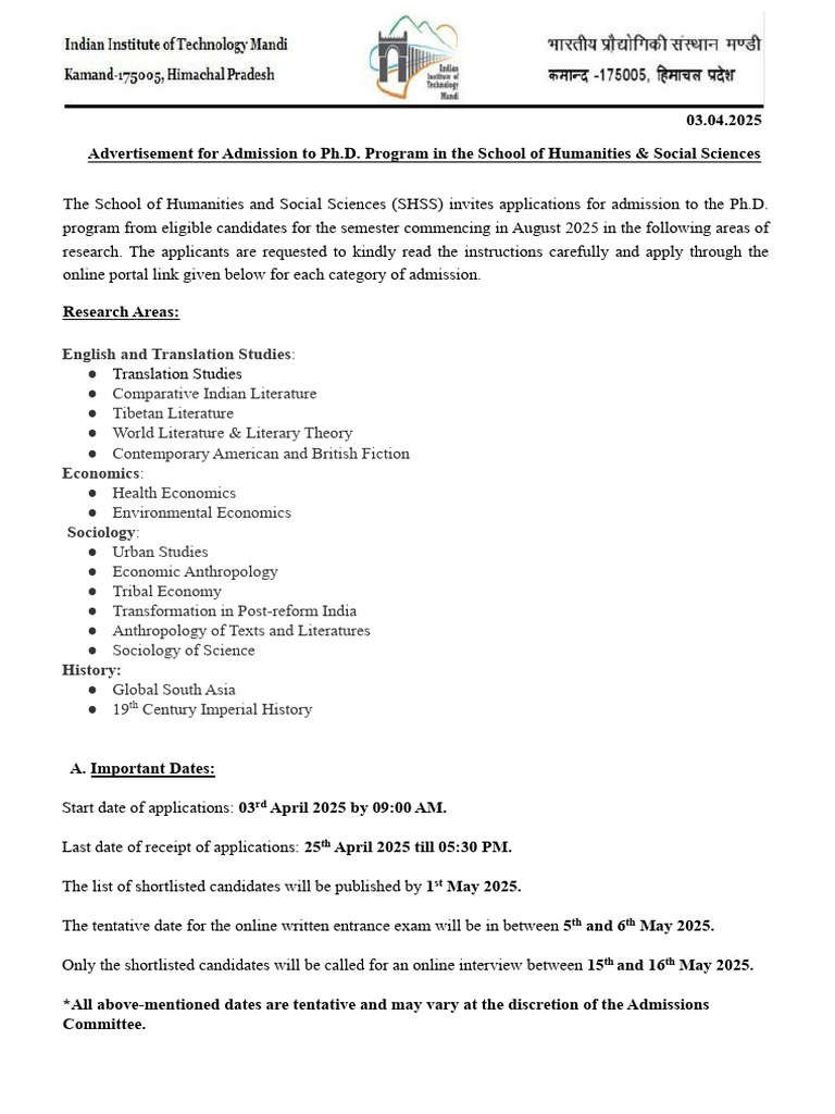 PhD Advertisement 2025 SHSS | PDF | Doctor Of Philosophy | Postgraduate ...