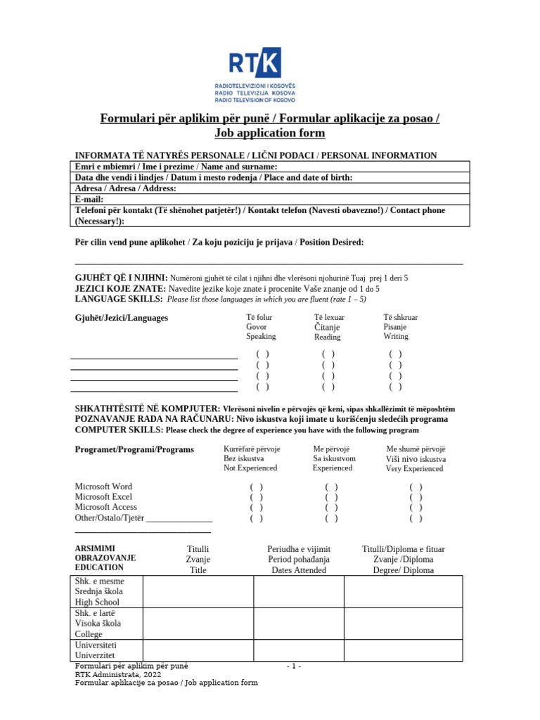 Formulari Për Aplikim Për Punë / Formular Aplikacije Za Posao / Job ...