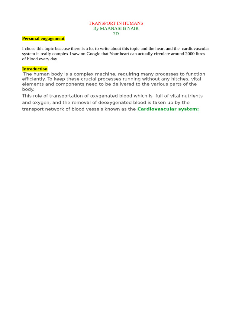 Biology Transport in Humans | PDF | Circulatory System | Blood