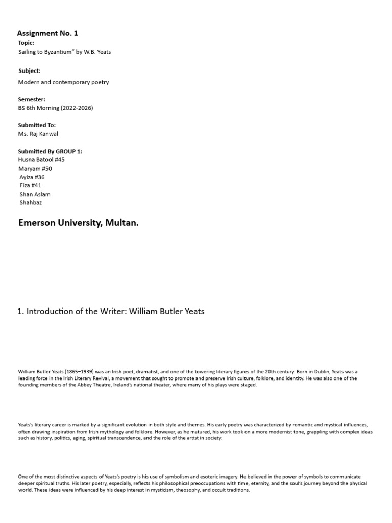 Sailing to Byzantium” by W.B. Yeats by GROUP 1 | PDF | W. B. Yeats | Poetry