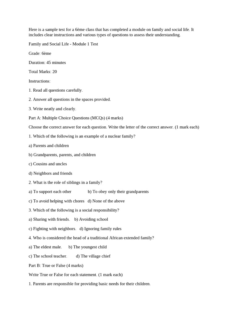 6ème Family and Social Life Test | PDF