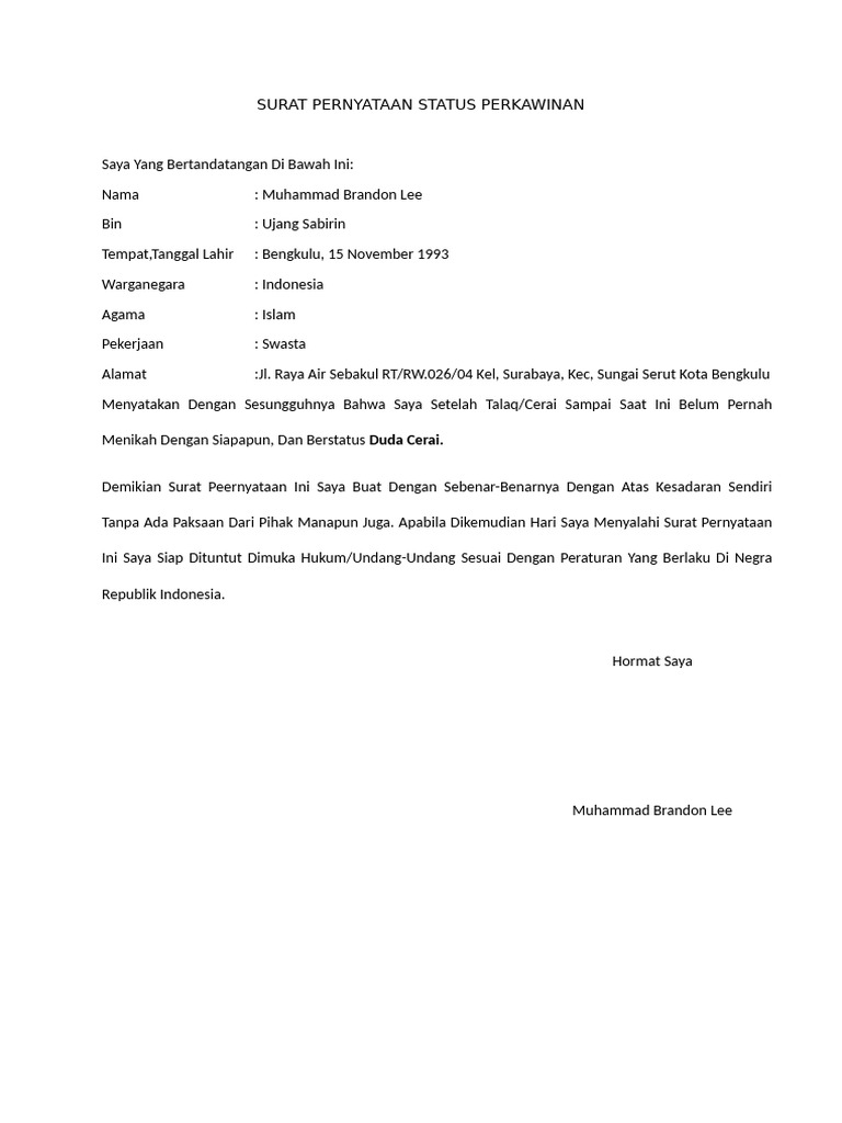 Surat Pernyataan Status Perkawinan | PDF