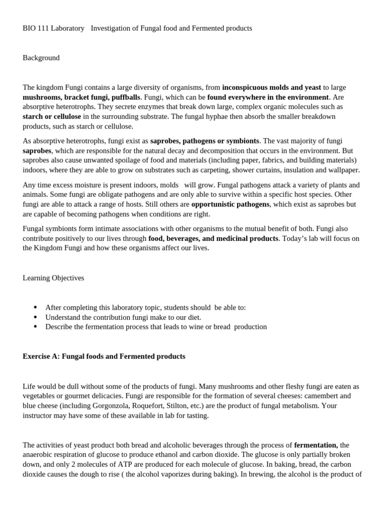 BIO 111 Laboratory-Investigation of Fungal Food and Fermented Products ...