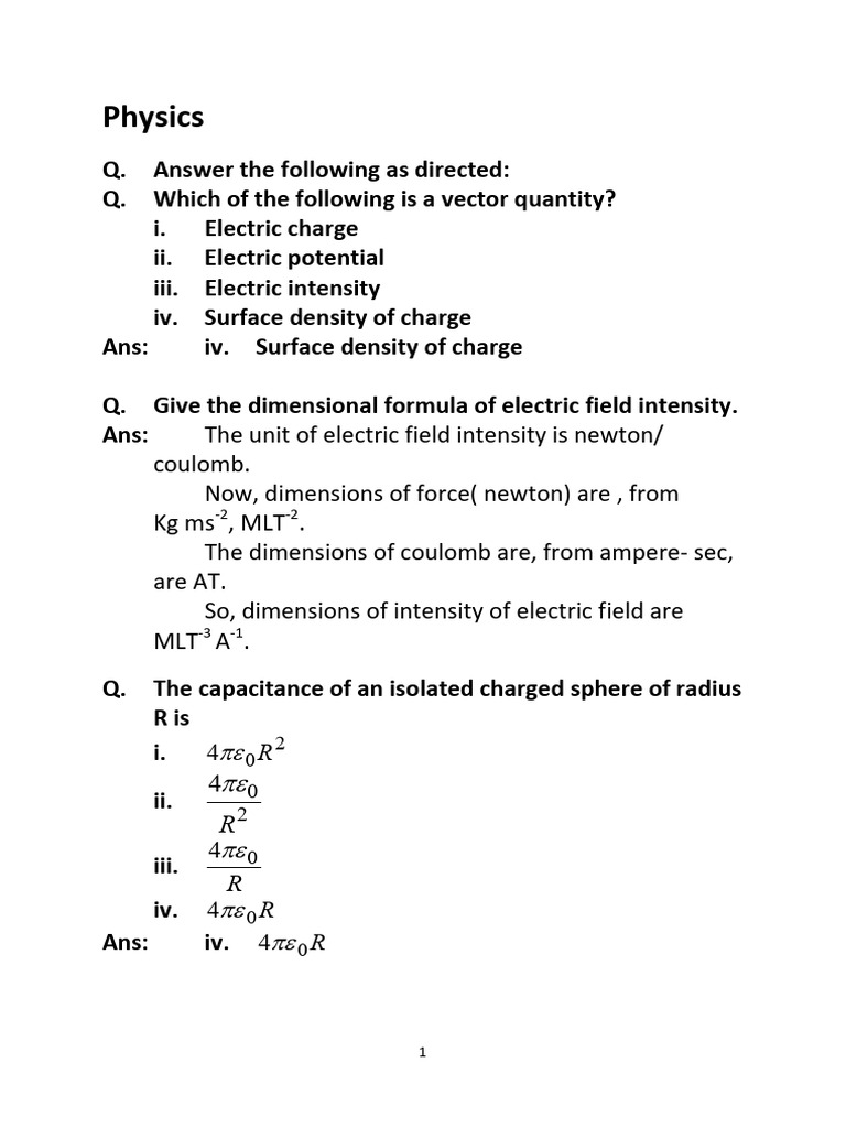 Dimensional Formula of Electric Intensity | PDF