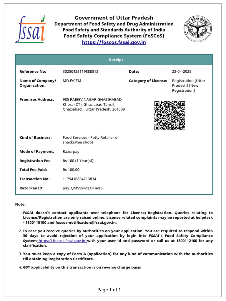 Uttar Pradesh Food License Receipt | PDF