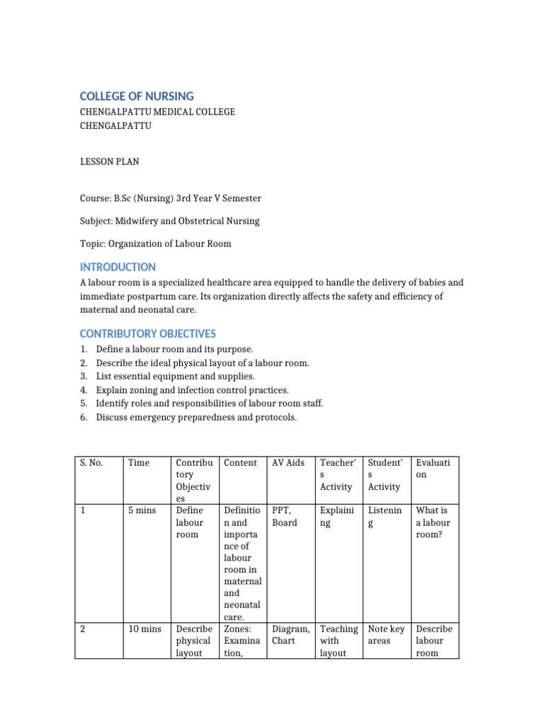 Organization of Labour Room Lesson Plan | PDF | Childbirth | Human ...