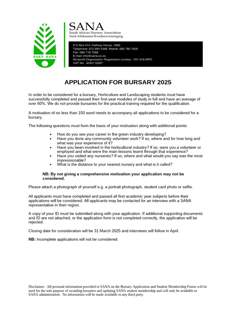 SANA Bursary Application Form 2025 | PDF
