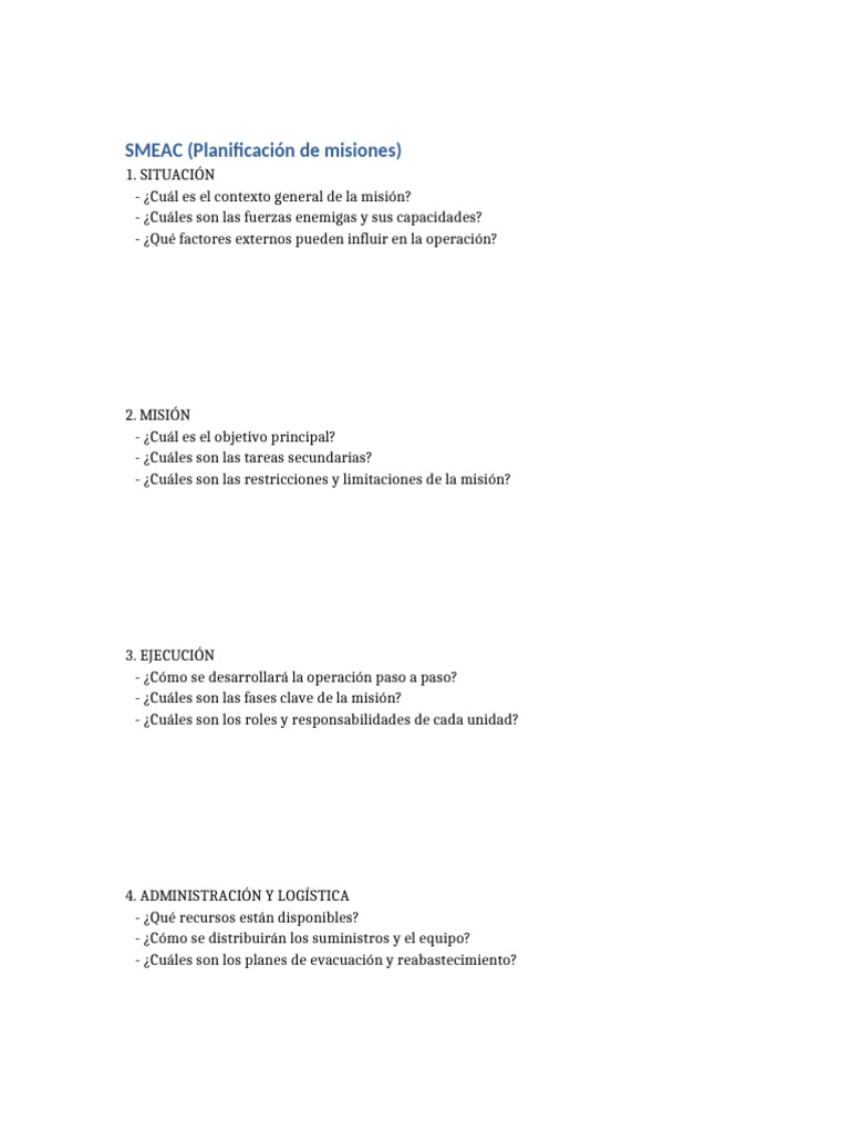 Formatos SMEAC METTTC OODA AAR | PDF | Planificación | Logística