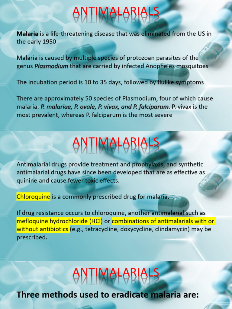 Anti Malarials Anthelmintics and Peptides Midterms | PDF | Malaria | Medical Specialties