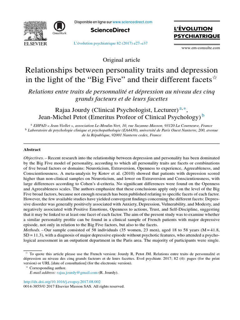 Relationships Between Personality Traits and Depression in The Light of ...